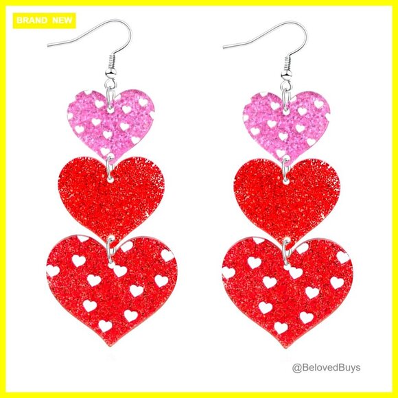 Jewelry | Acrylic Glitter Long Drop Earrings Triple Heart Design ...